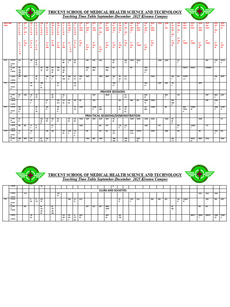 Tricent School Medical Timetable 2025 | PDF