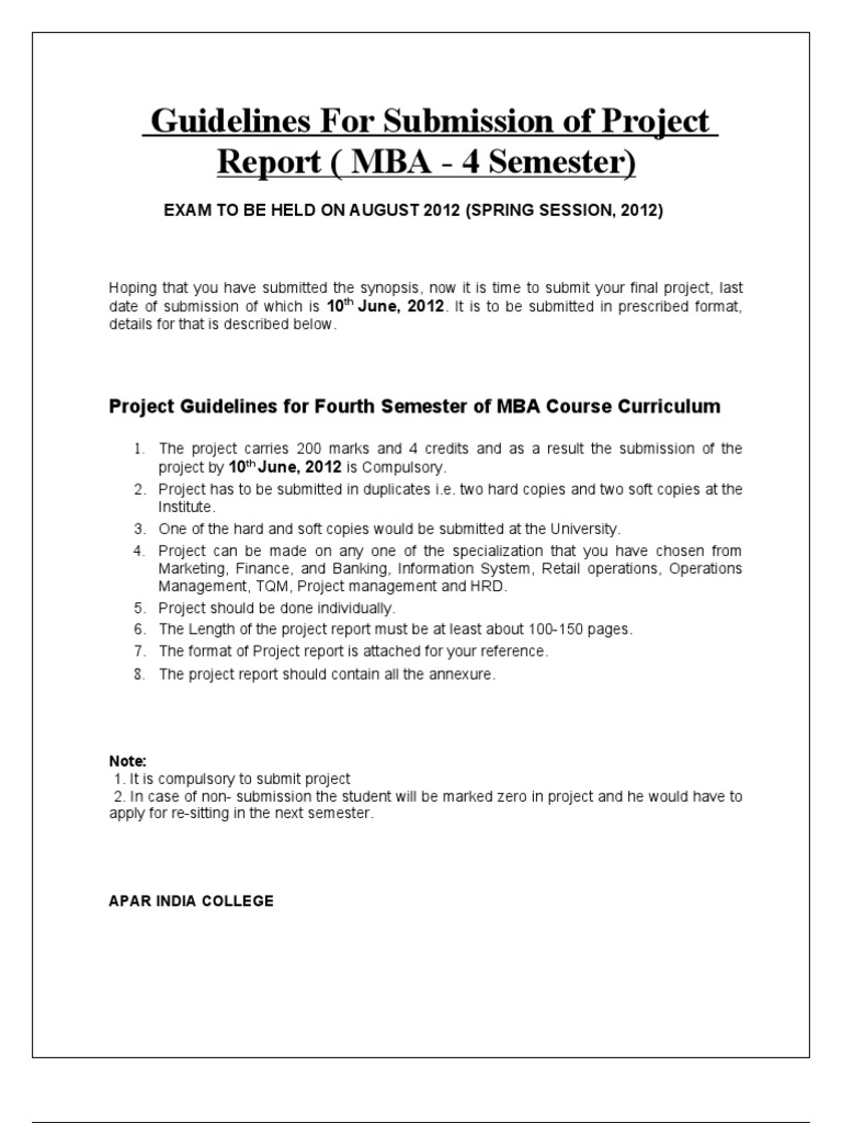 Guidelines For Submission of Project Report (MBA - 4 Semester ...