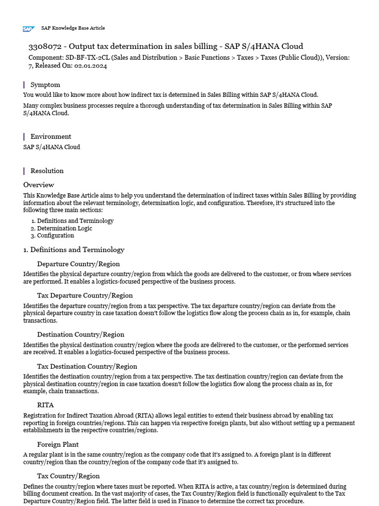 3308072 - Output Tax Determination in Sales Billing | PDF | Invoice | Taxes