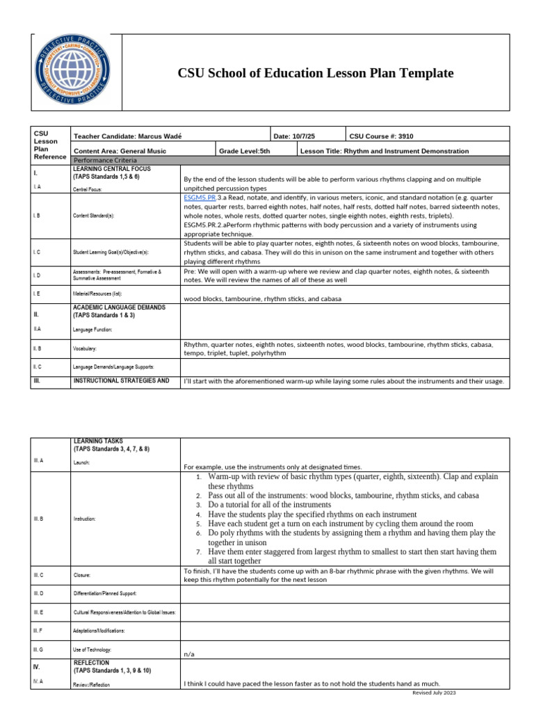5th Grade Music Lesson Plan Template | PDF | Rhythm | Lesson Plan