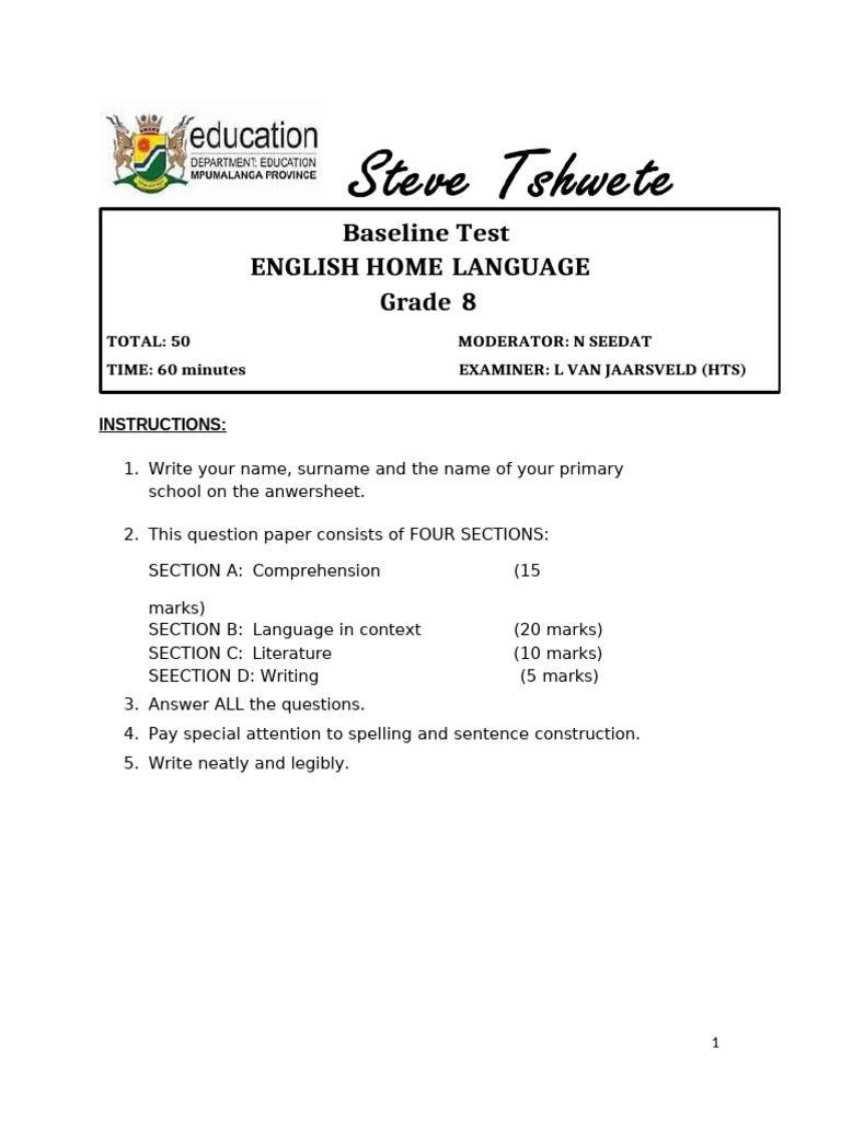 Grade 8 English Language Baseline Test | PDF | Narrative | Noun