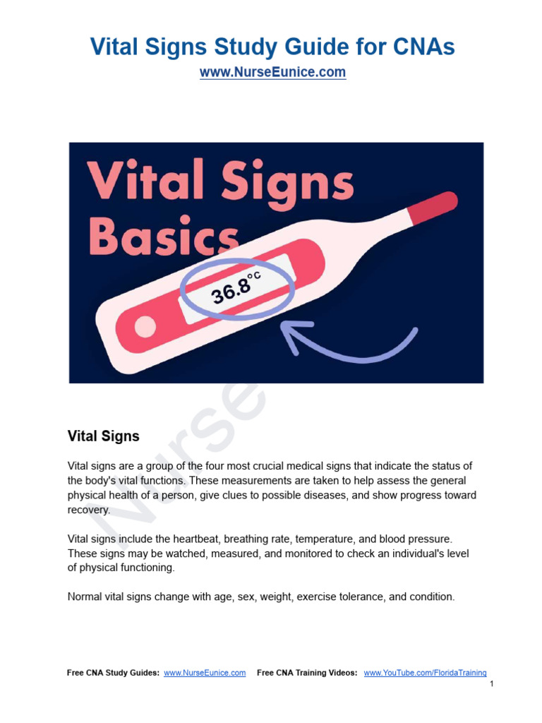 CNA Vital Signs Study Guide | PDF | Blood Pressure | Cardiovascular System