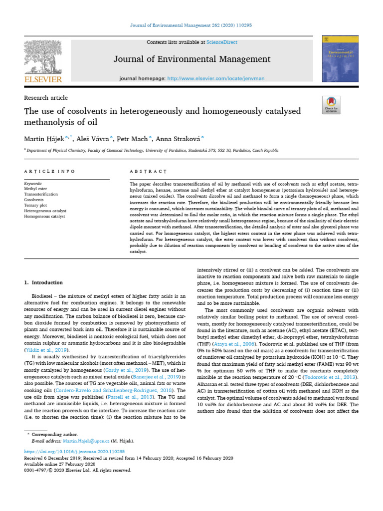 Cosolvents in Heterogeneously and Homogeneously 2020 | PDF | Ester ...