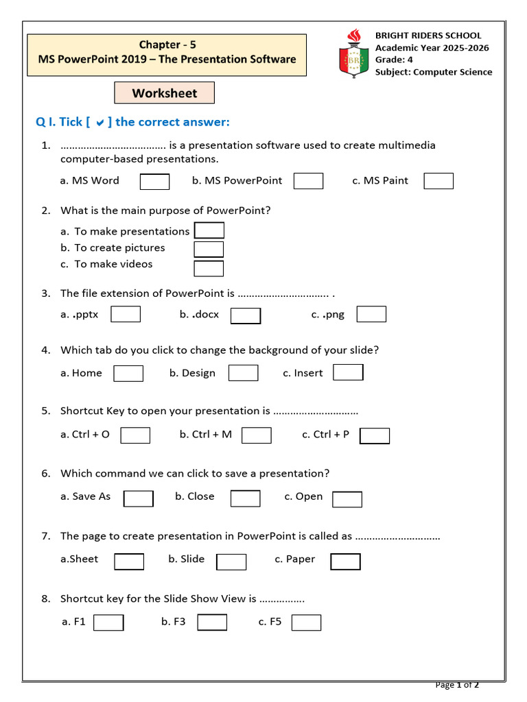 Chapter 5 - MS PowerPoint 2019 The Presentation Software - Worksheet ...