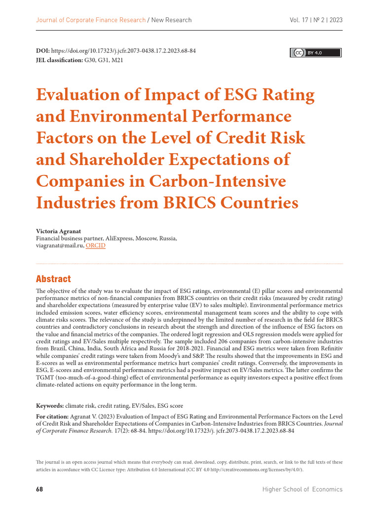 3. Evaluation of Impact of ESG Rating and Environmental Performance ...