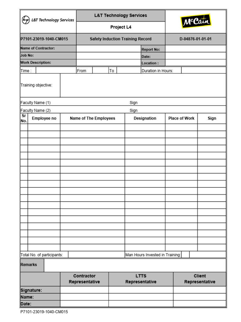 Safety Induction Training Record | PDF