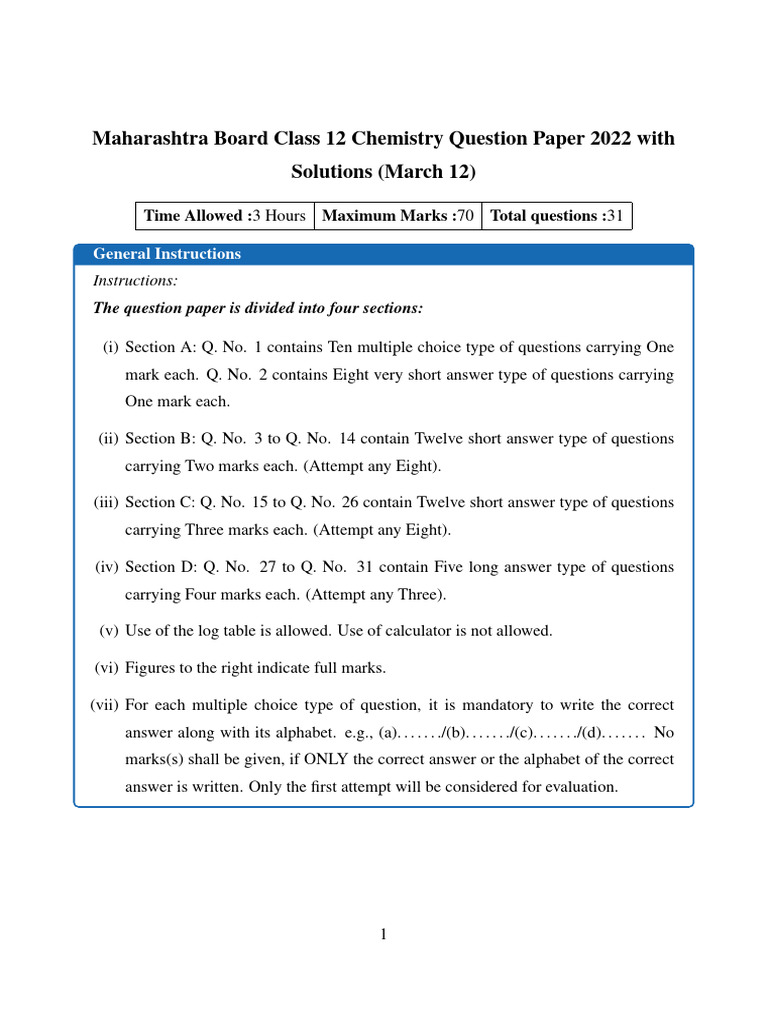 Chemistry Question Paper 2022 With Solutions March 12 | PDF ...