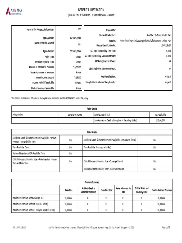 Axis Max Life Insurance Benefit Illustration | PDF | Insurance | Life ...