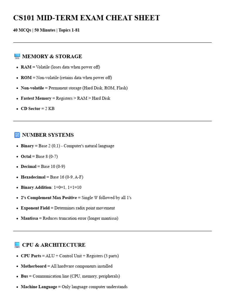 CS101 Mid-Term Exam Cheat Sheet | PDF | Computer Data Storage | Html Element