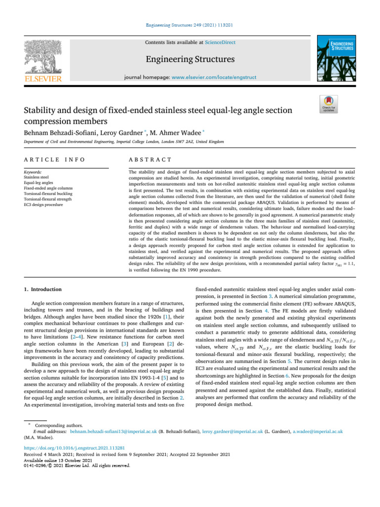 Stability and Design of Fixed-Ended Stainless Steel Equal-Leg Angle ...