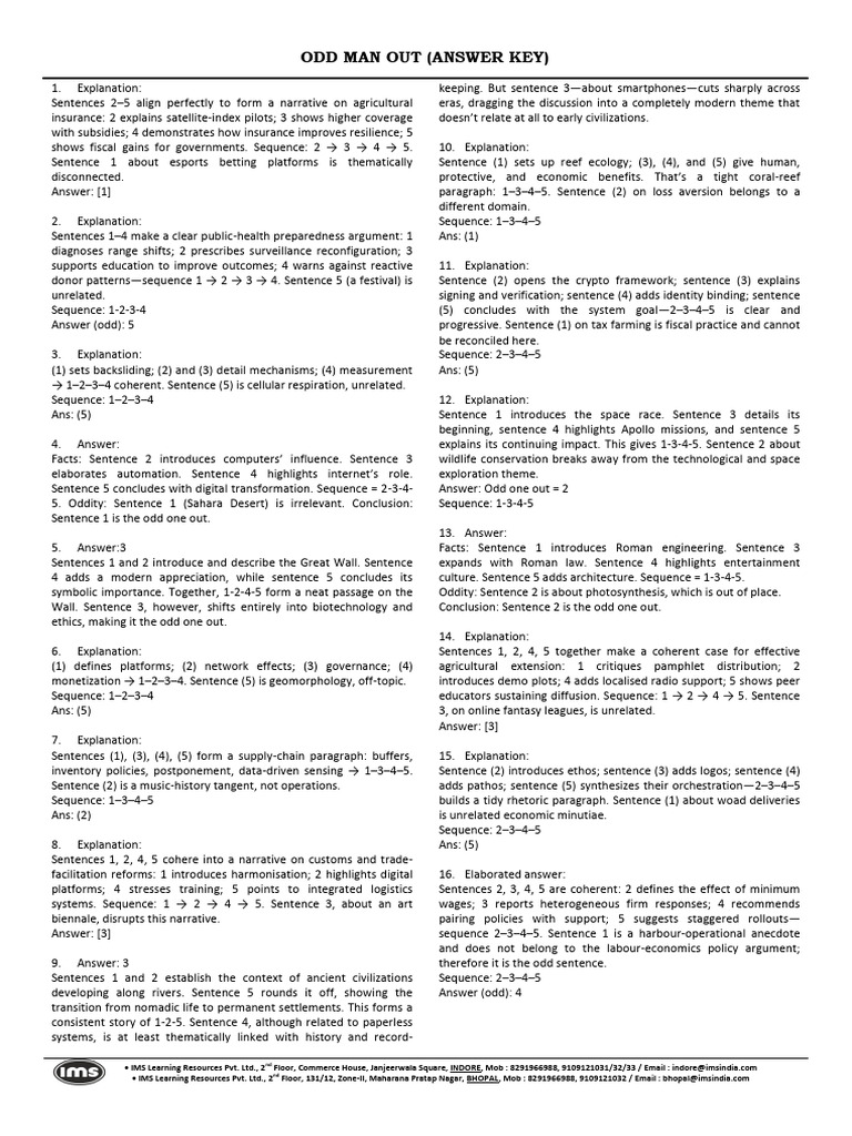 Answer key - Odd Man Out (OMO) - VARC Book 2025 | PDF | Argument | Ecology