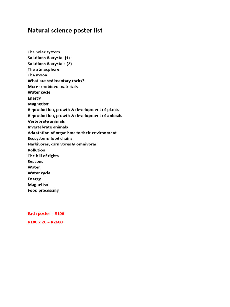 Natural Science Poster Topics List | PDF