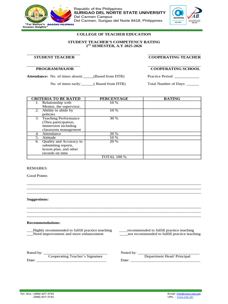 Student Teacher Competency Rating 2025-2026 | PDF | Teachers | Learning