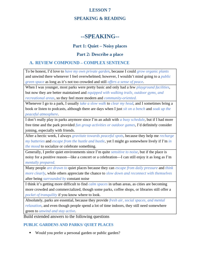 LESSON 7 - Reading & Speaking | PDF | Parks