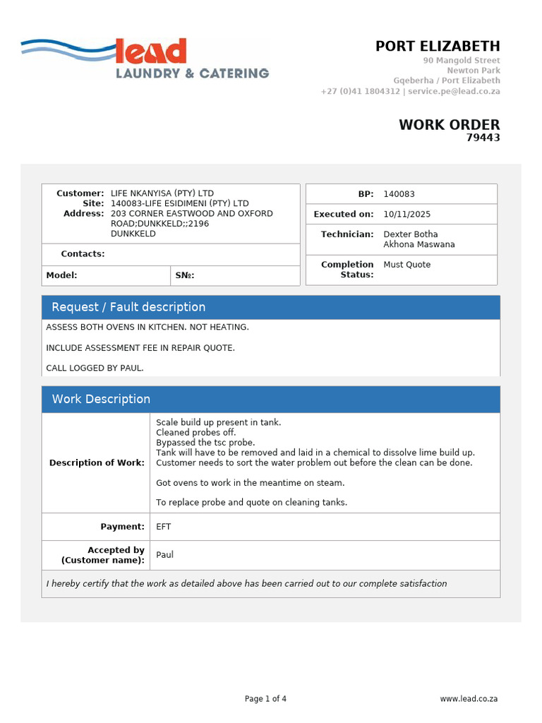 Work Order: Port Elizabeth | PDF