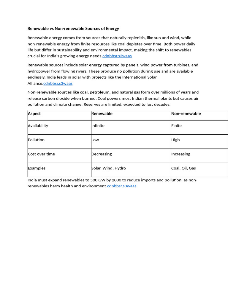 Renewable vs Non-Renewable Energy Sources | PDF