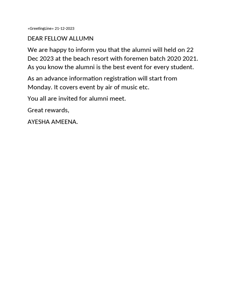 Alumni Meet Invitation - Dec 22, 2023 | PDF