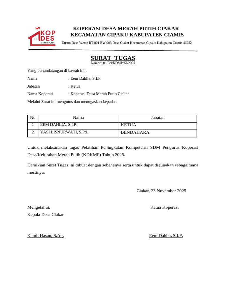 Surat Tugas Pelatihan Koperasi Ciakar | PDF