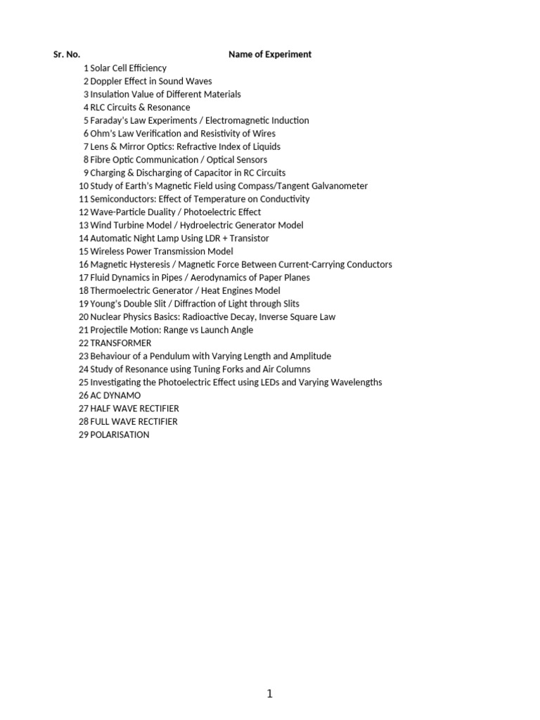 Physics Experiments and Concepts List | PDF