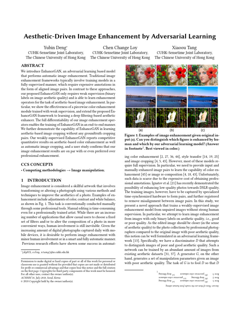 EnhanceGAN: Weakly-Supervised Image Enhancement | PDF | Image Editing ...