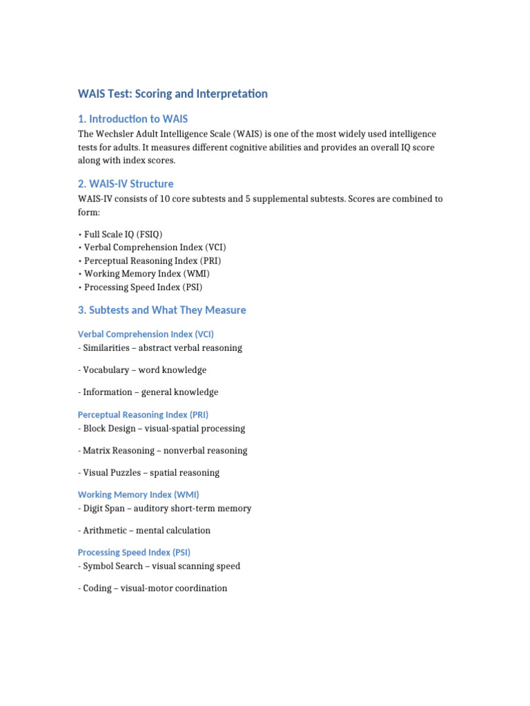 WAIS Test: Scoring & Interpretation Guide | PDF