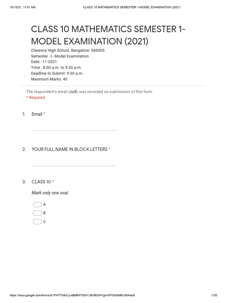 Class 10, Mathematics Model Exam Semester 1 (2021) - Google Forms | PDF ...