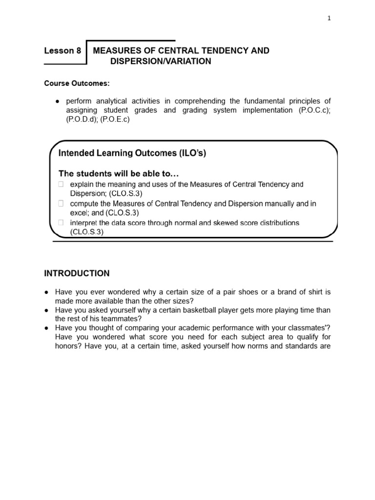Lesson 7 and 8 Measures of Central Tendency and Measures of Variability ...