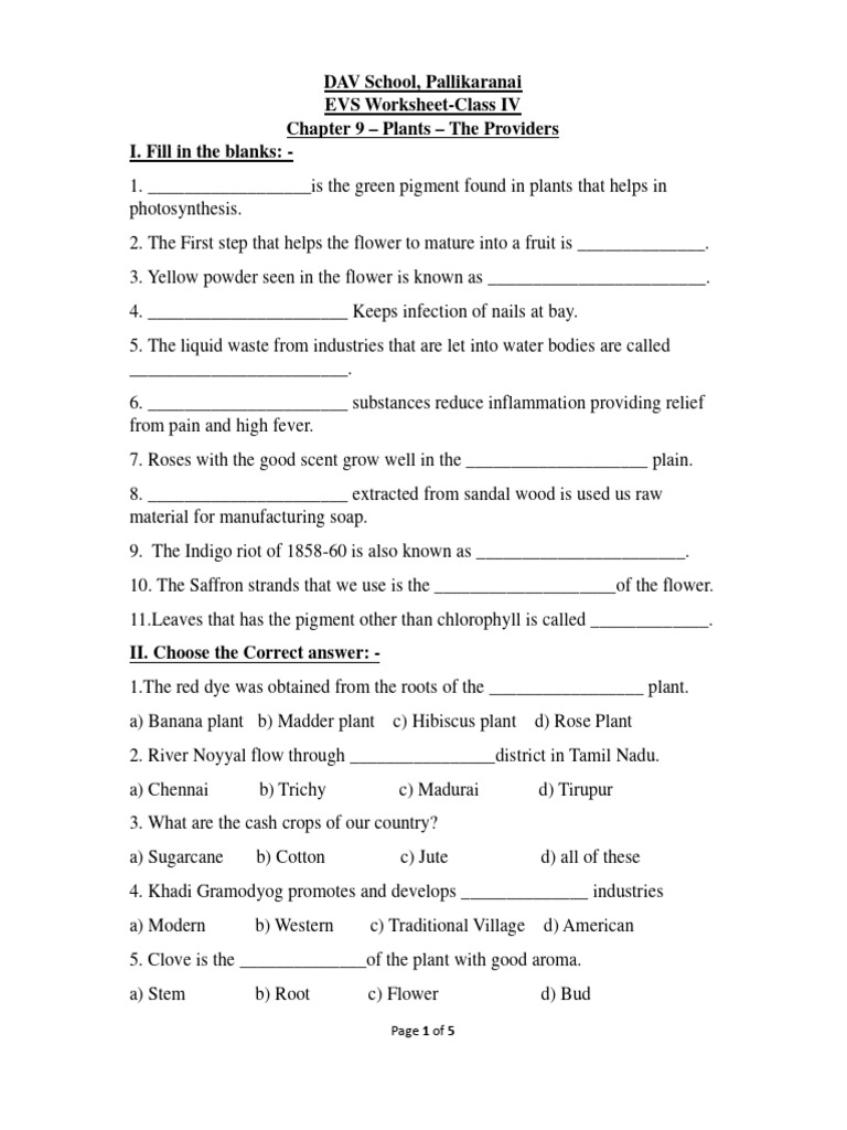 EVS Class 4 Plants Worksheet. | PDF | Plants | Flowers