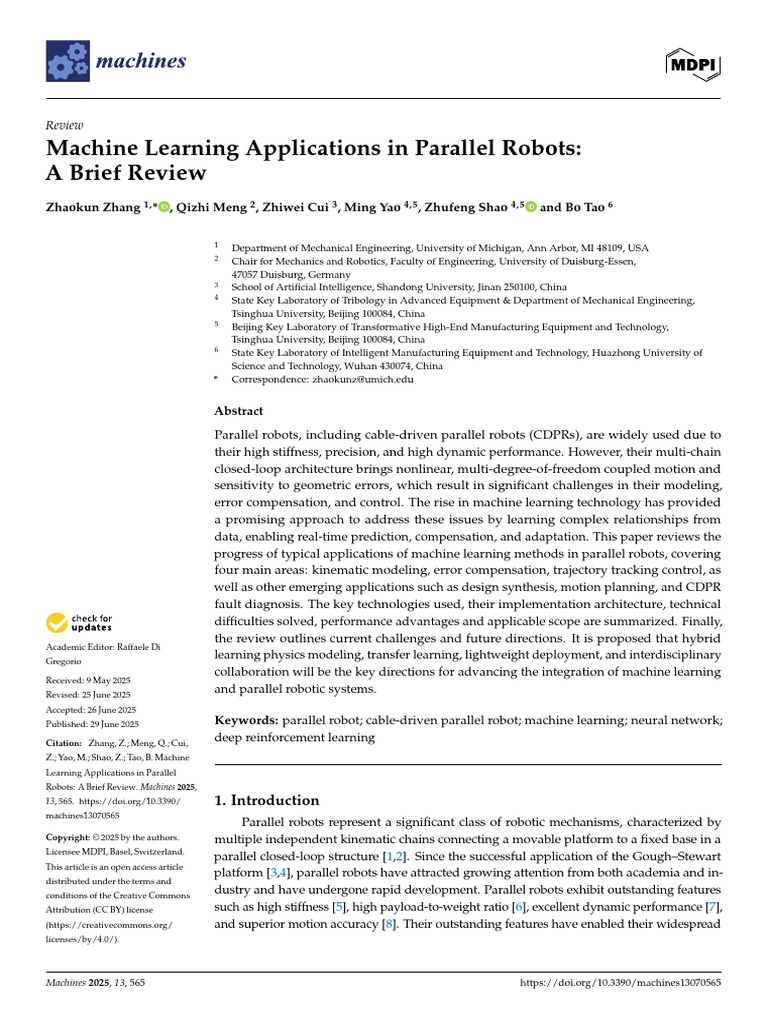 Machine Learning Applications in Parallel Robots: A Brief Review | PDF ...