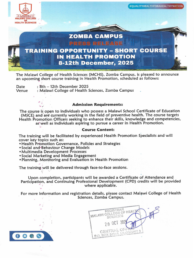 Mchs Short Course Health Promotions Zomba Campus | PDF
