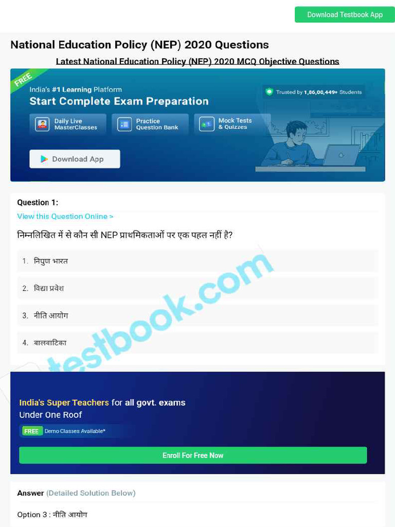 MCQ On National Education Policy Nep 2020 621f7275b9516ab546f0b29a | PDF