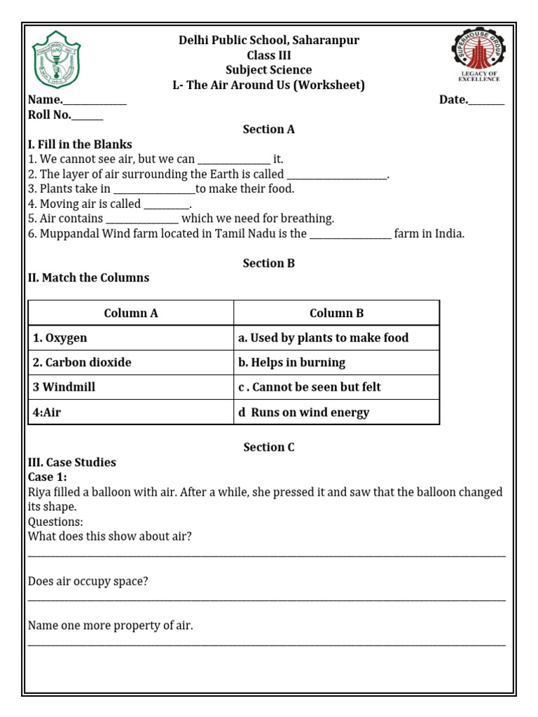 Class III Science Worksheet on Air | PDF | Atmosphere Of Earth | Gases