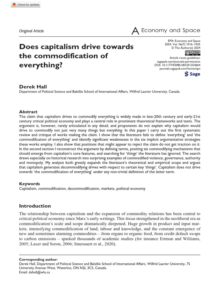 Hall 2024 Does Capitalism Drive Towards the Commodification of ...