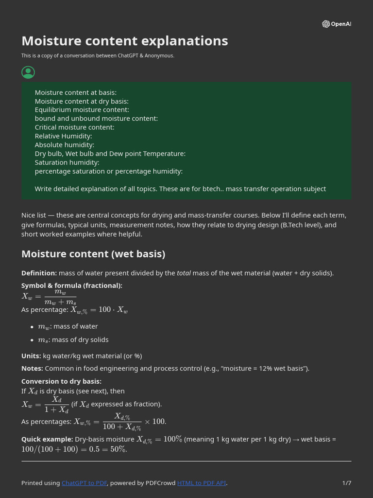 Moisture Content Concepts for B.Tech Students | PDF | Humidity | Quantity
