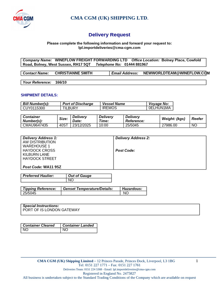 CMA CGM Delivery Request Form | PDF