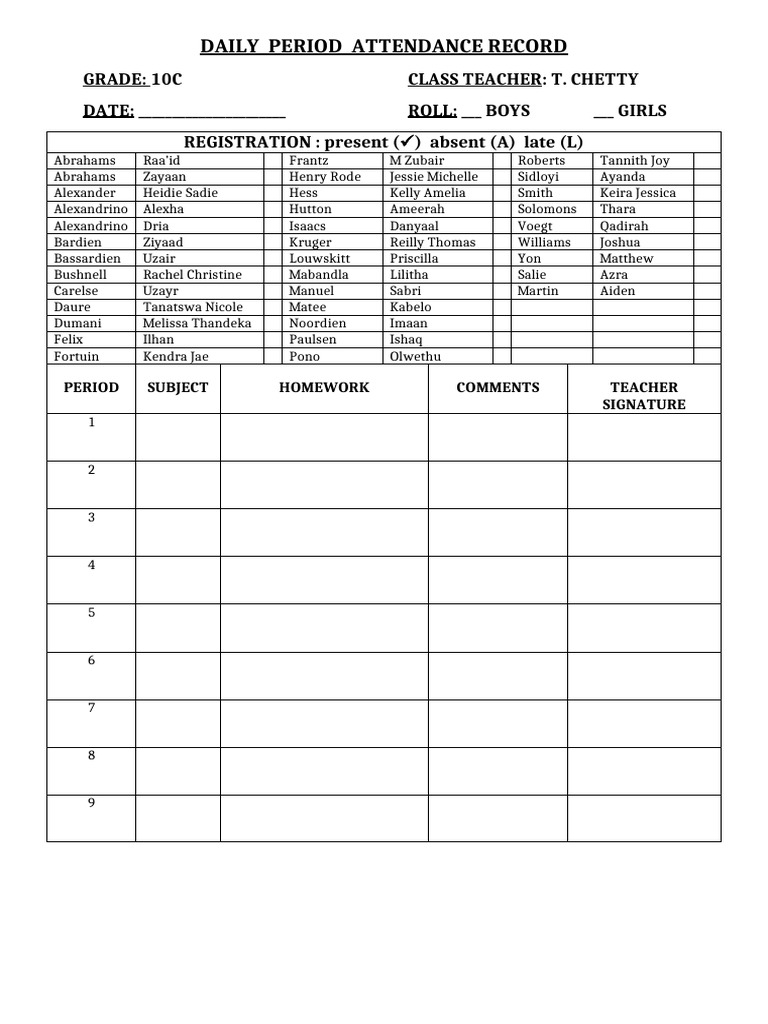 Grade 10C Daily Attendance Log | PDF