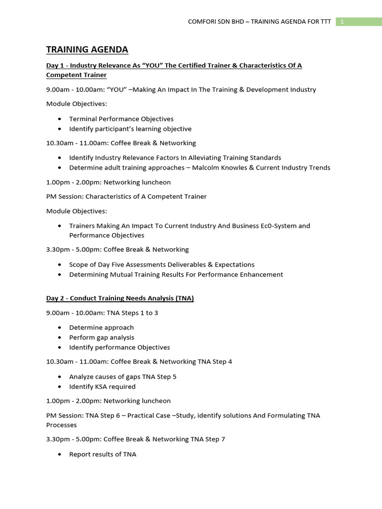 Training Agenda | PDF | Learning