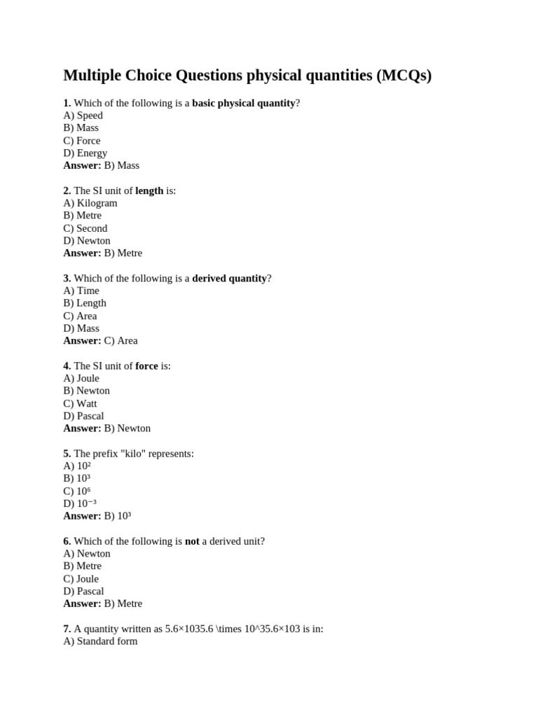 Multiple Choice Questions Physical Quantities | PDF | International ...