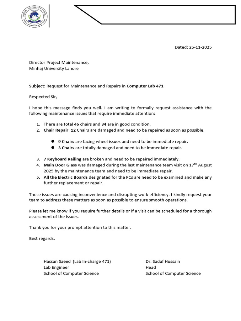 Computer Lab 471 Maintenance Request | PDF