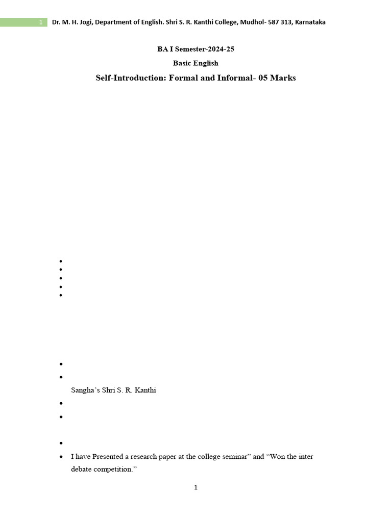 BA I Sem Basic Self Introduction. Dr. M. H. Jogi | PDF | Human Communication | Learning
