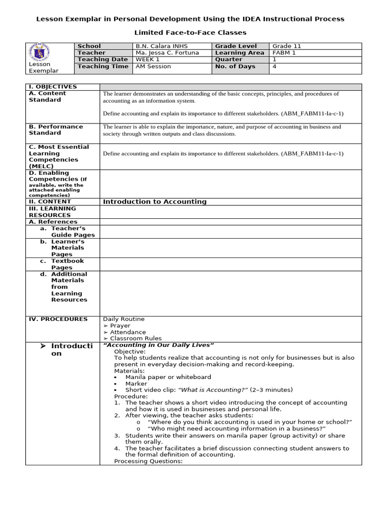 Lesson-Exemplar FABM1 Q1 WEEK1 | PDF | Accounting | Information
