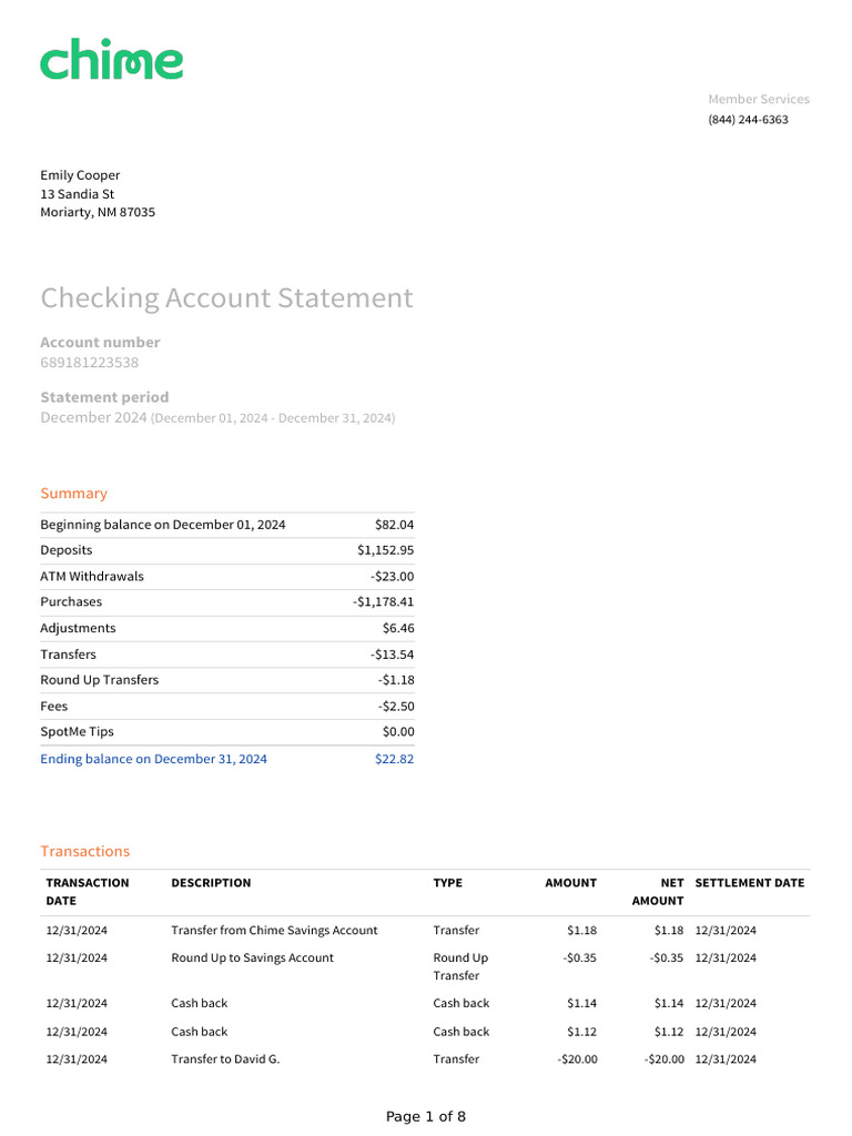 Chime Checking Statement December 2024 | PDF | Transaction Account ...