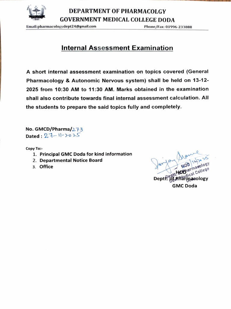 Internal Assessment Exam Notice: Pharmacology | PDF
