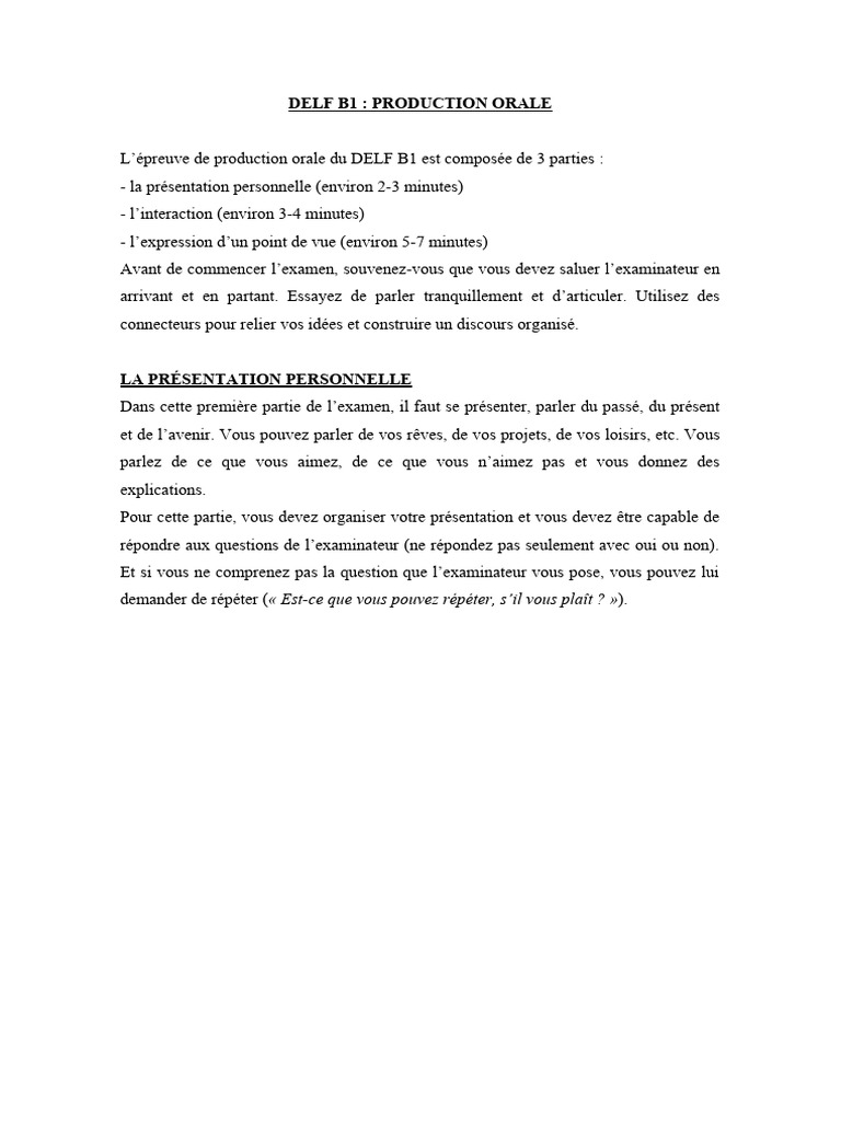 Guide de production orale DELF B1 | PDF