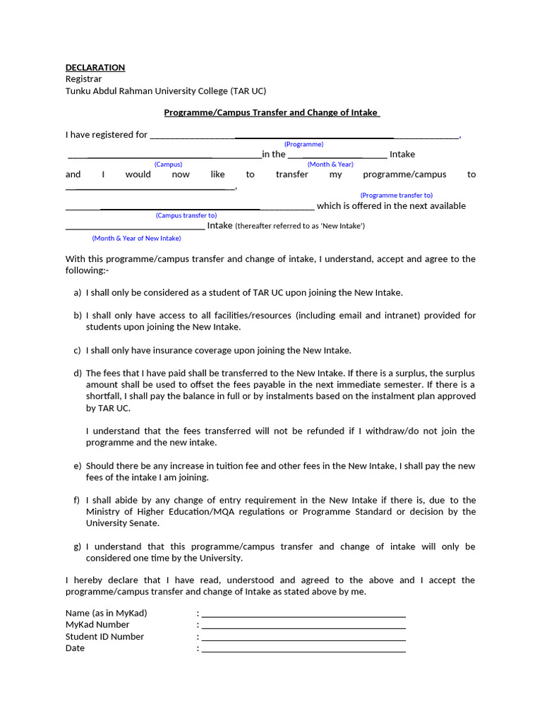 Declaration - Programme or Campus Transfer and Change of Intake | PDF