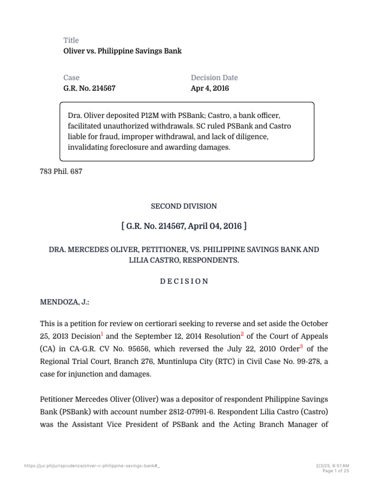 Oliver v. PSBank: Fraud and Liability Case | PDF | Banks | Negligence
