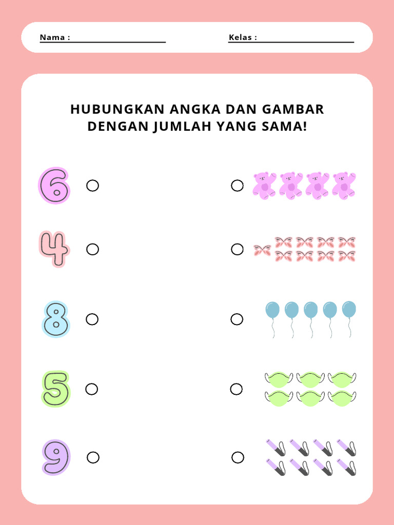 Lembar Kerja Menghubungkan Angka Dan Gambar Lucu Illustratif | PDF