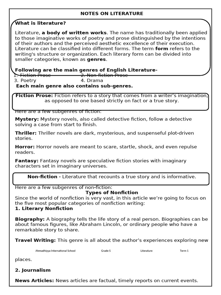Grades 5 Notes On Lit File Work 1 | PDF | Poetry | Genre