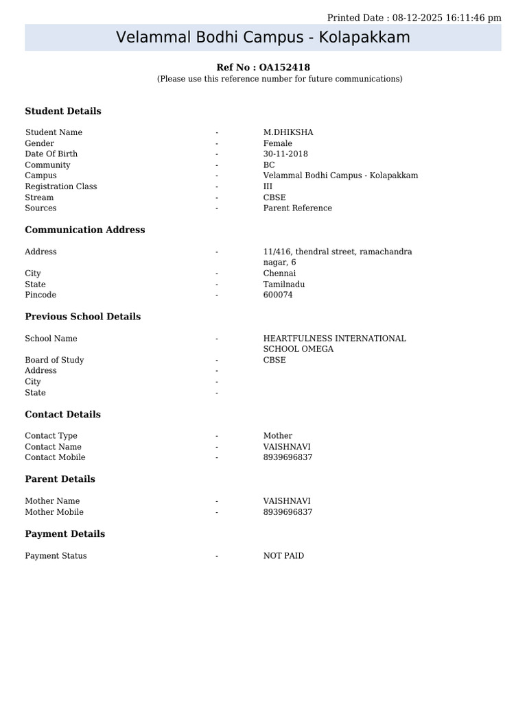 Vel Am Mal Online Registration | PDF