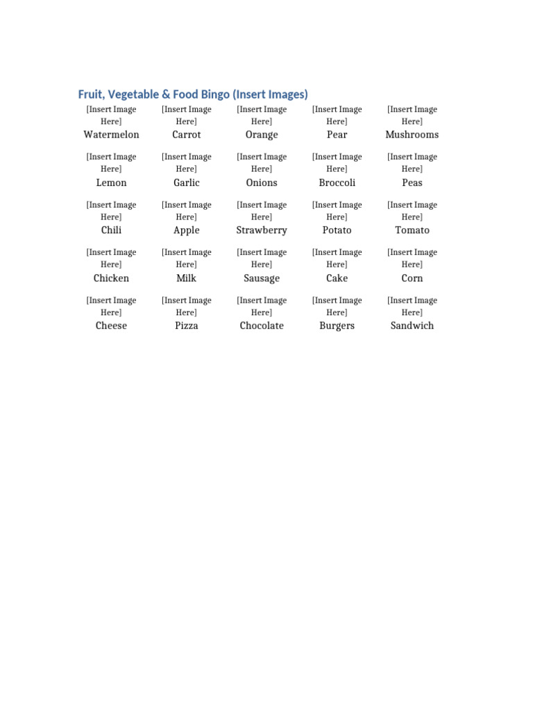 Fruit Vegetable Food Bingo Template (1) | PDF